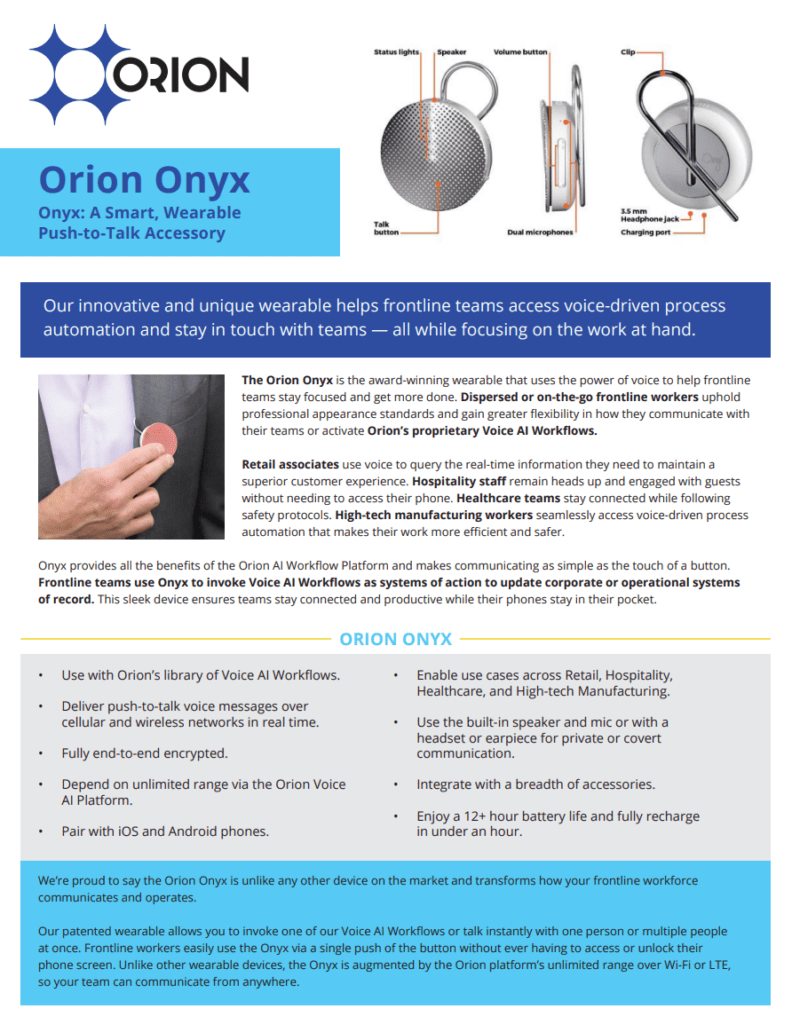 Fact Sheet: Orion Onyx Wearable For Frontline Workers - Orion